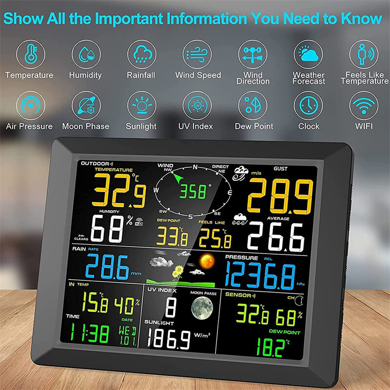7-in-1 Wireless Weather Station Indoor Outdoor Temperature Humidity ...