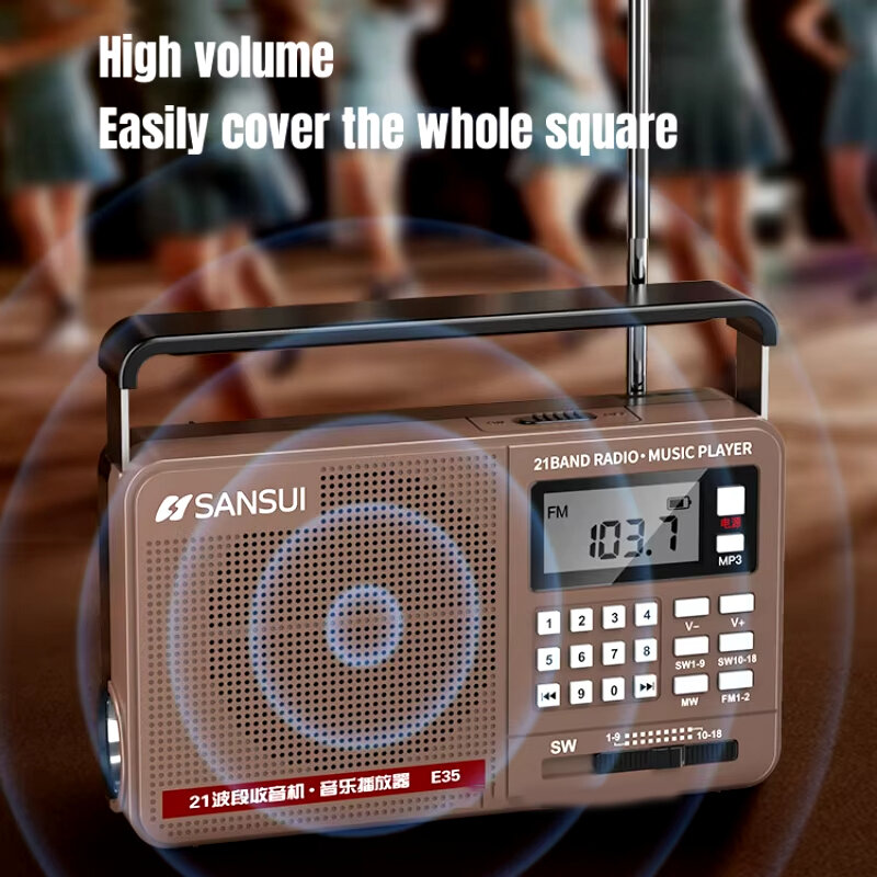 SANSUI E35 Bluetooth Portable Retro Speaker HiFi Bass Music Player with LED Flashlight FM AM SW ...